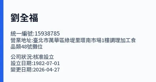 劉全福的照片-統編 15938785(臺北市) 公司登記資料與營業項目詳細圖表