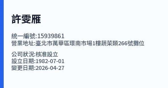 許雯雁的照片-統編 15939861(臺北市) 公司登記資料與營業項目詳細圖表