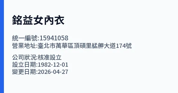 銘益女內衣的照片-統編 15941058(臺北市) 公司登記資料與營業項目詳細圖表