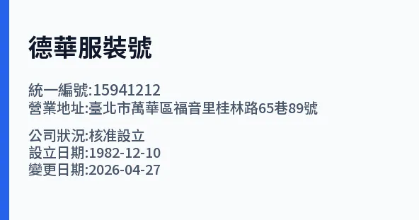 德華服裝號的照片-統編 15941212(臺北市) 公司登記資料與營業項目詳細圖表