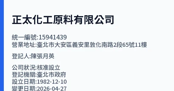 正太化工原料有限公司的照片-統編 15941439(臺北市) 公司登記資料與營業項目詳細圖表