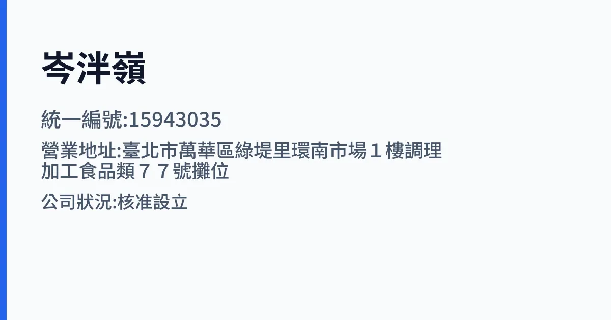 岑泮嶺 - 統編 15943035(臺北市) 公司登記資料與營業項目詳細圖表