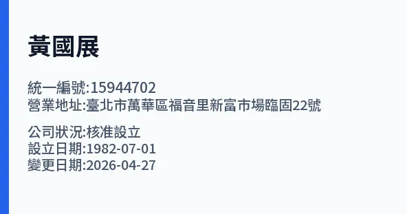 黃國展的照片-統編 15944702(臺北市) 公司登記資料與營業項目詳細圖表