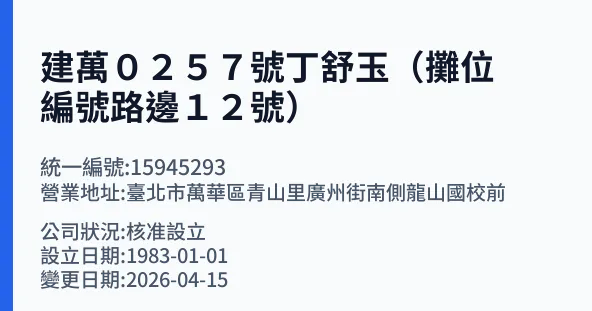 建萬０２５７號丁舒玉（攤位編號路邊１２號）的照片-統編 15945293(臺北市) 公司登記資料與營業項目詳細圖表