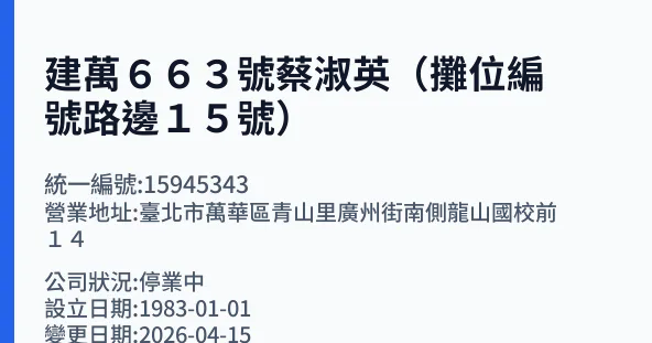 建萬６６３號蔡淑英（攤位編號路邊１５號）的照片-統編 15945343(臺北市) 公司登記資料與營業項目詳細圖表
