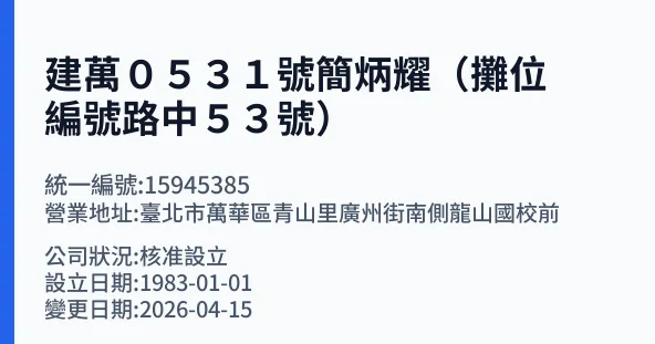 建萬０５３１號簡炳耀（攤位編號路中５３號）的照片-統編 15945385(臺北市) 公司登記資料與營業項目詳細圖表