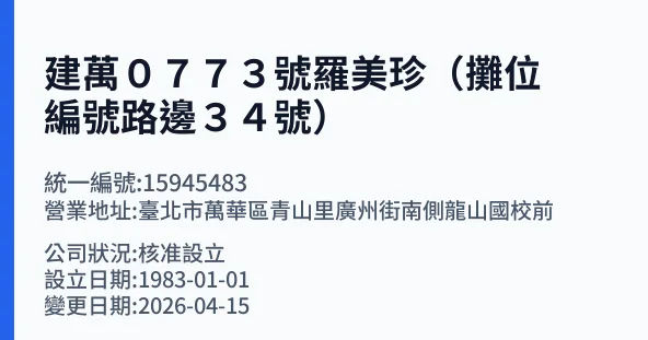 建萬０７７３號羅美珍（攤位編號路邊３４號）的照片-統編 15945483(臺北市) 公司登記資料與營業項目詳細圖表