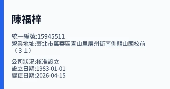 陳福梓的照片-統編 15945511(臺北市) 公司登記資料與營業項目詳細圖表
