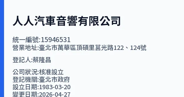 人人汽車音響有限公司的照片-統編 15946531(臺北市) 公司登記資料與營業項目詳細圖表