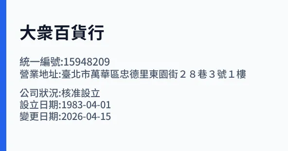 大衆百貨行的照片-統編 15948209(臺北市) 公司登記資料與營業項目詳細圖表