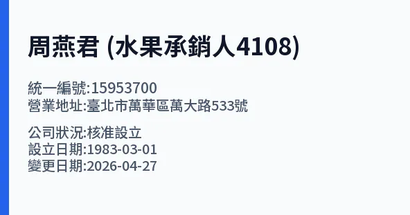 周燕君 (水果承銷人4108)的照片-統編 15953700(臺北市) 公司登記資料與營業項目詳細圖表