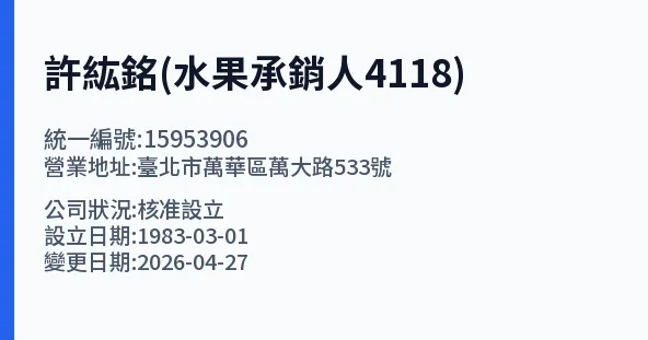 許紘銘(水果承銷人4118)的照片-統編 15953906(臺北市) 公司登記資料與營業項目詳細圖表