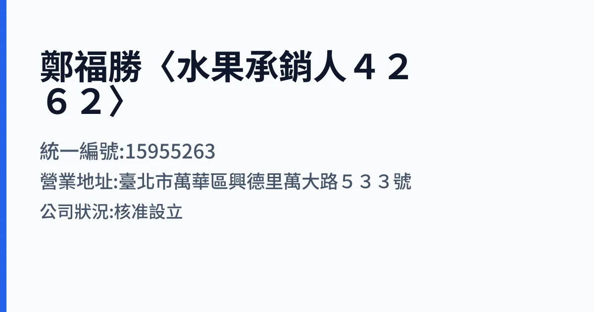 鄭福勝〈水果承銷人4262〉 - 統編 15955263(臺北市) 公司登記資料與營業項目詳細圖表