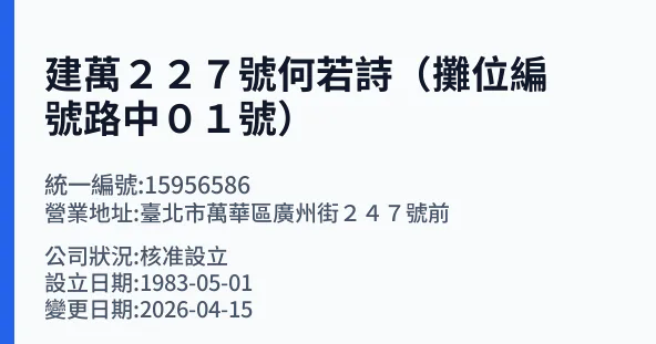 建萬２２７號何若詩（攤位編號路中０１號）的照片-統編 15956586(臺北市) 公司登記資料與營業項目詳細圖表