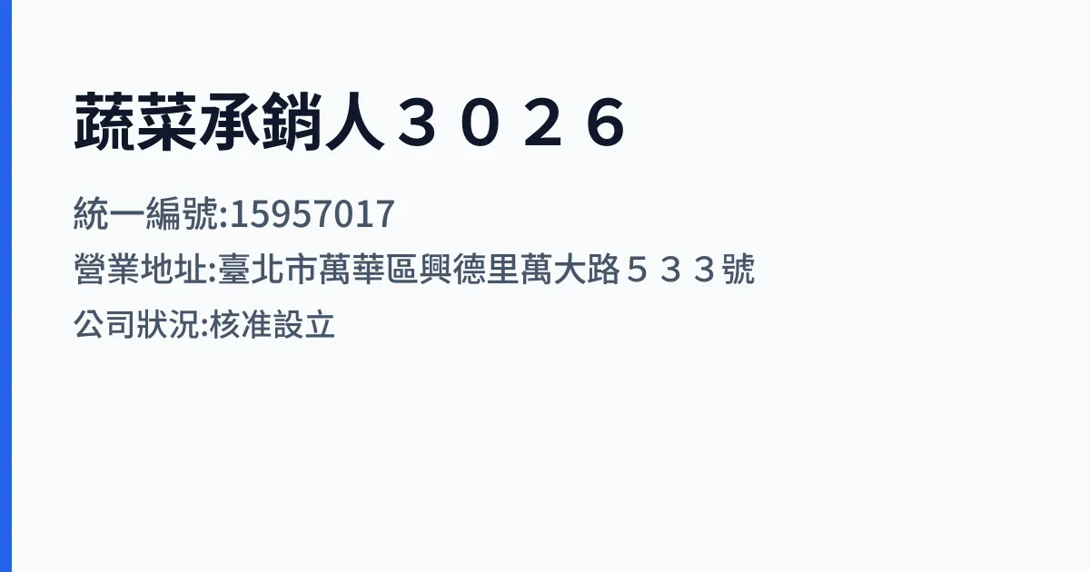 蔬菜承銷人３０２６ - 統編 15957017(臺北市) 公司登記資料與營業項目詳細圖表