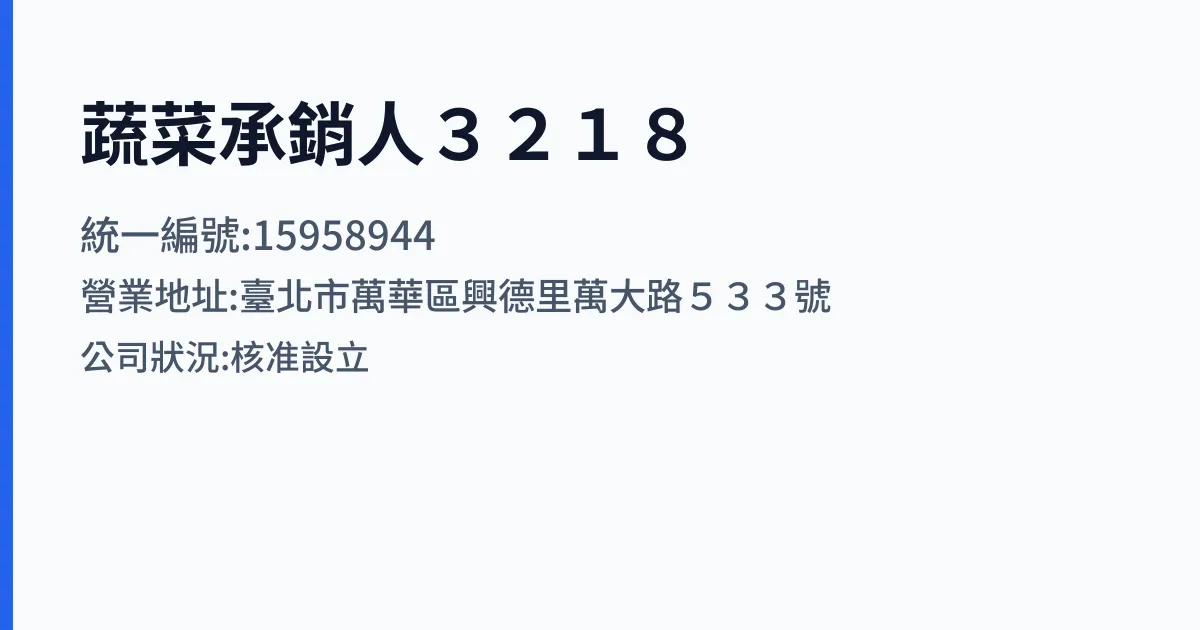 蔬菜承銷人３２１８ - 統編 15958944(臺北市) 公司登記資料與營業項目詳細圖表