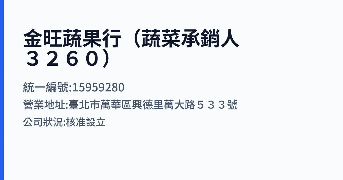 金旺蔬果行(蔬菜承銷人3260) - 統編 15959280(臺北市) 公司登記資料與營業項目詳細圖表