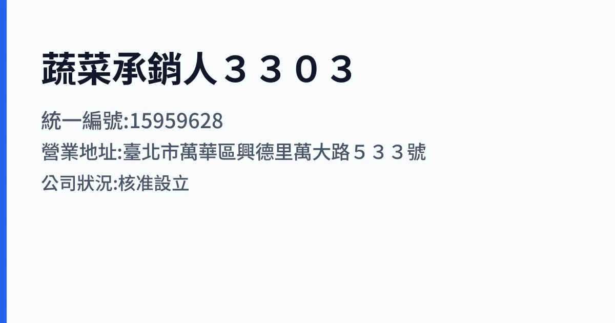 蔬菜承銷人３３０３ - 統編 15959628（臺北市） 公司登記資料與營業項目詳細圖表