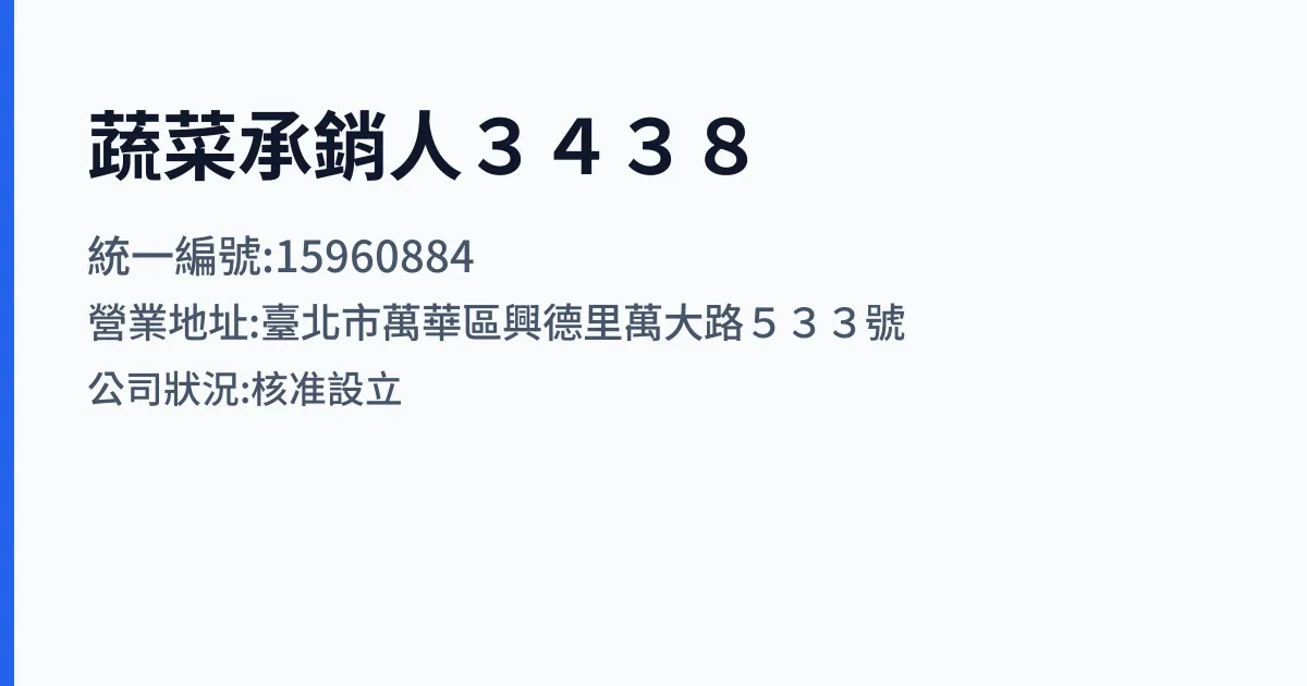 蔬菜承銷人３４３８ - 統編 15960884（臺北市） 公司登記資料與營業項目詳細圖表