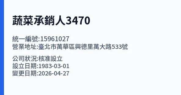 蔬菜承銷人3470的照片-統編 15961027(臺北市) 公司登記資料與營業項目詳細圖表