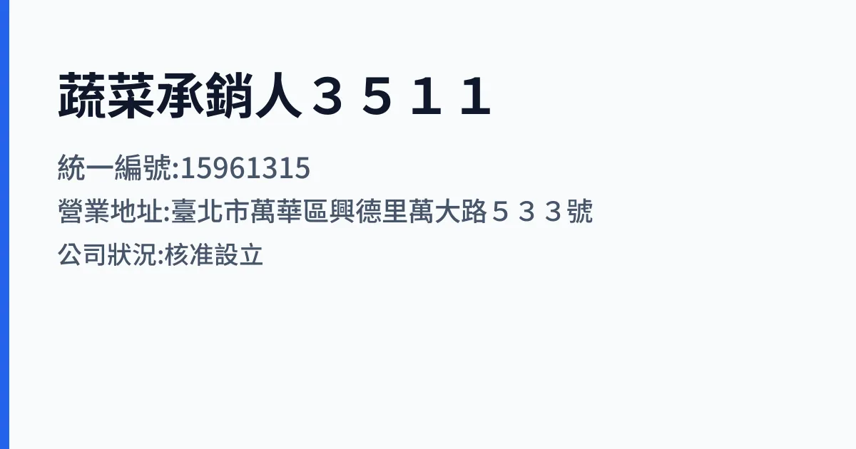 蔬菜承銷人３５１１ - 統編 15961315(臺北市) 公司登記資料與營業項目詳細圖表
