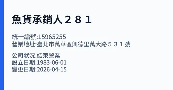 魚貨承銷人２８１的照片-統編 15965255(臺北市) 公司登記資料與營業項目詳細圖表