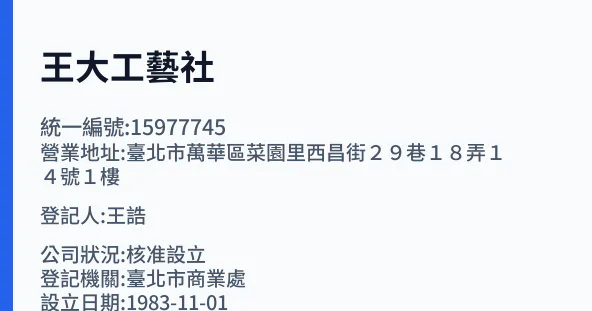 王大工藝社的照片-統編 15977745(臺北市) 公司登記資料與營業項目詳細圖表