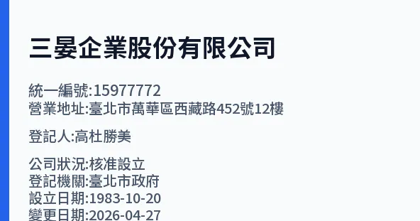三晏企業股份有限公司的照片-統編 15977772(臺北市) 公司登記資料與營業項目詳細圖表