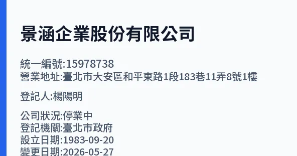 景涵企業股份有限公司的照片-統編 15978738(臺北市) 公司登記資料與營業項目詳細圖表