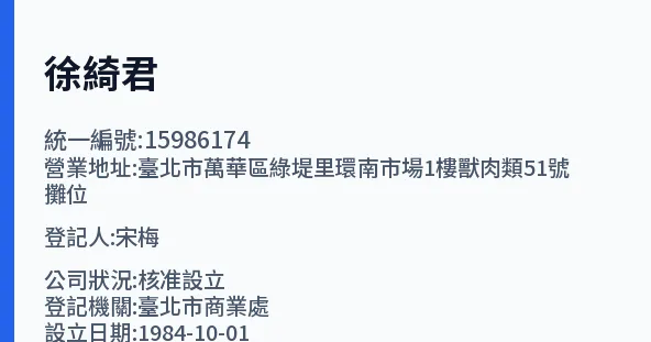 徐綺君的照片-統編 15986174(臺北市) 公司登記資料與營業項目詳細圖表