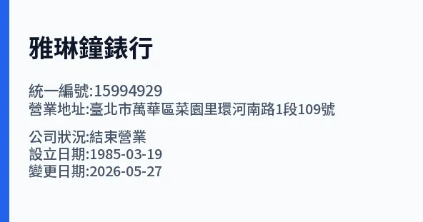 雅琳鐘錶行的照片-統編 15994929(臺北市) 公司登記資料與營業項目詳細圖表