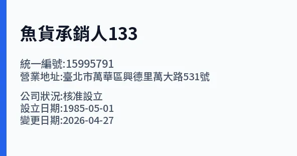 魚貨承銷人133的照片-統編 15995791(臺北市) 公司登記資料與營業項目詳細圖表