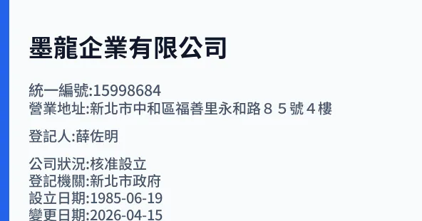 墨龍企業有限公司的照片-統編 15998684(新北市) 公司登記資料與營業項目詳細圖表