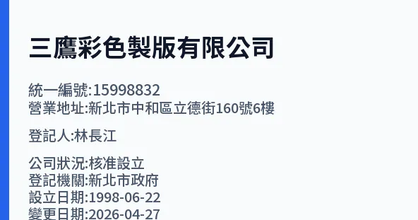 三鷹彩色製版有限公司的照片-統編 15998832(新北市) 公司登記資料與營業項目詳細圖表
