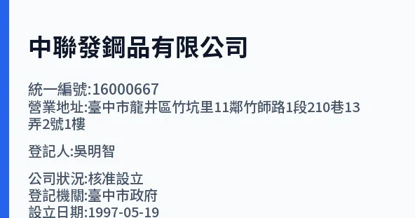 中聯發鋼品有限公司的照片-統編 16000667(臺中市) 公司登記資料與營業項目詳細圖表