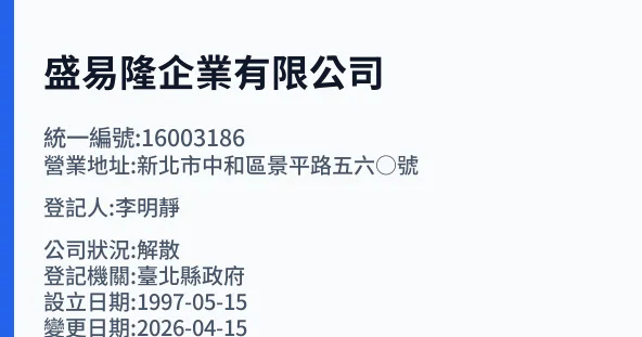 盛易隆企業有限公司的照片-統編 16003186(新北市) 公司登記資料與營業項目詳細圖表