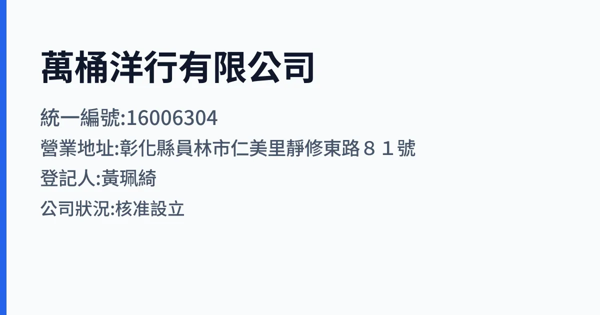 萬桶洋行有限公司 - 統編 16006304(彰化縣) 公司登記資料與營業項目詳細圖表