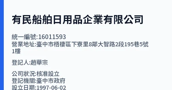有民船舶日用品企業有限公司的照片-統編 16011593(臺中市) 公司登記資料與營業項目詳細圖表