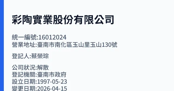 彩陶實業股份有限公司的照片-統編 16012024(臺南市) 公司登記資料與營業項目詳細圖表