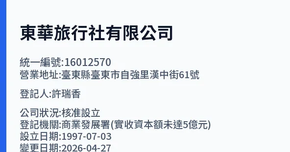 東華旅行社有限公司的照片-統編 16012570(臺東縣) 公司登記資料與營業項目詳細圖表