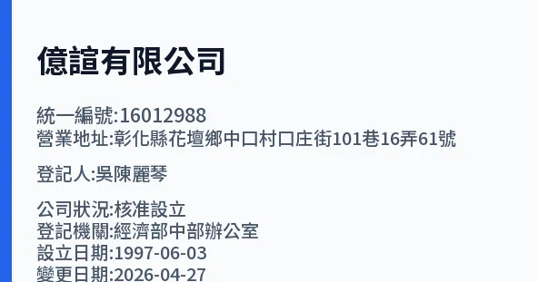 億諠有限公司的照片-統編 16012988(彰化縣) 公司登記資料與營業項目詳細圖表