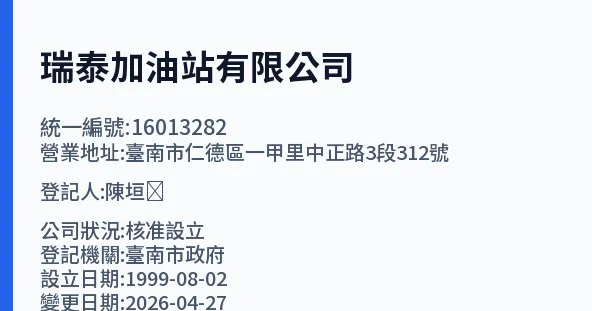 瑞泰加油站有限公司的照片-統編 16013282(臺南市) 公司登記資料與營業項目詳細圖表
