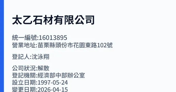太乙石材有限公司的照片-統編 16013895(苗栗縣) 公司登記資料與營業項目詳細圖表