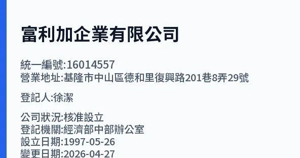 富利加企業有限公司的照片-統編 16014557(基隆市) 公司登記資料與營業項目詳細圖表