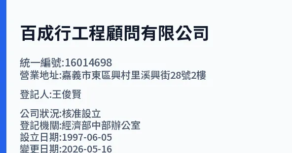 百成行工程顧問有限公司的照片-統編 16014698(嘉義市) 公司登記資料與營業項目詳細圖表