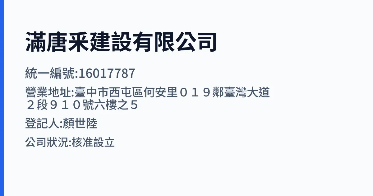 滿唐釆建設有限公司 - 統編 16017787(臺中市) 公司登記資料與營業項目詳細圖表