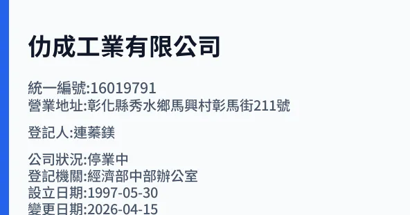 仂成工業有限公司的照片-統編 16019791(彰化縣) 公司登記資料與營業項目詳細圖表
