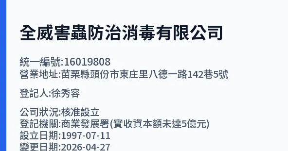 全威害蟲防治消毒有限公司的照片-統編 16019808(苗栗縣) 公司登記資料與營業項目詳細圖表