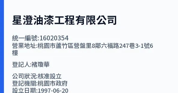 星澄油漆工程有限公司的照片-統編 16020354(桃園市) 公司登記資料與營業項目詳細圖表