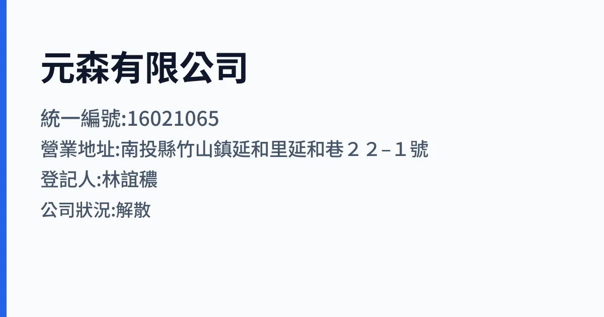 元森有限公司 - 統編 16021065(南投縣) 公司登記資料與營業項目詳細圖表